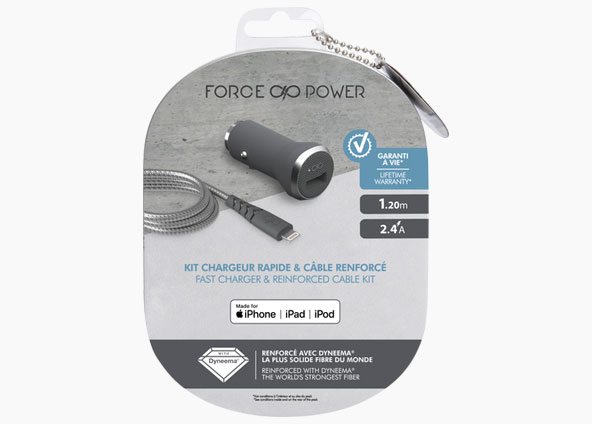 Force Power Chargeur voiture et câble renforcé USB A/Lightning ...